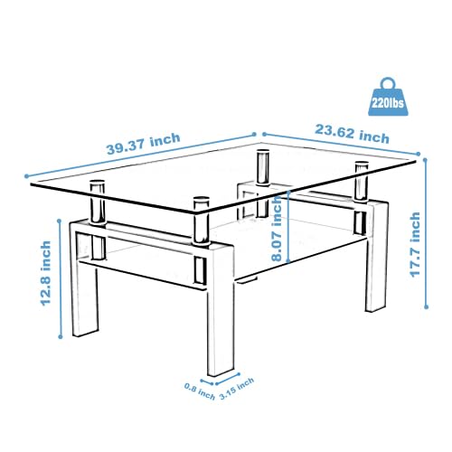 Tempered Rectangle Glass Coffee Tables with Metal Legs, Clear Coffee Table, Modern Side Center Tables for Living Room, 39.37" x 23.62" x 17.7" cm, Black