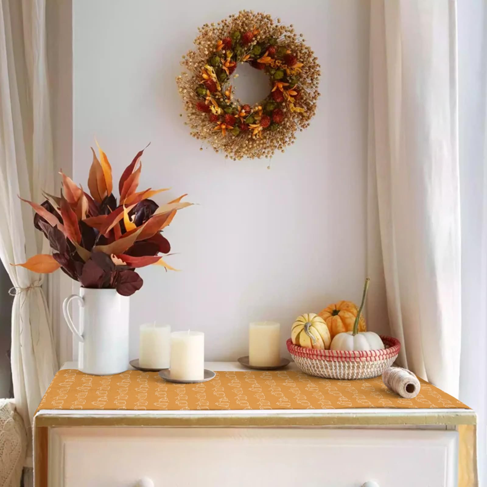 Lsrtoss Thanksgiving Fall Table Runner 60 Inches Long Farmhouse Dress Scarves, Autumn Orange Pumpkin Dining Tablerunner for Coffee Table/Kitchen Island/Party Décor, 13" x 60"