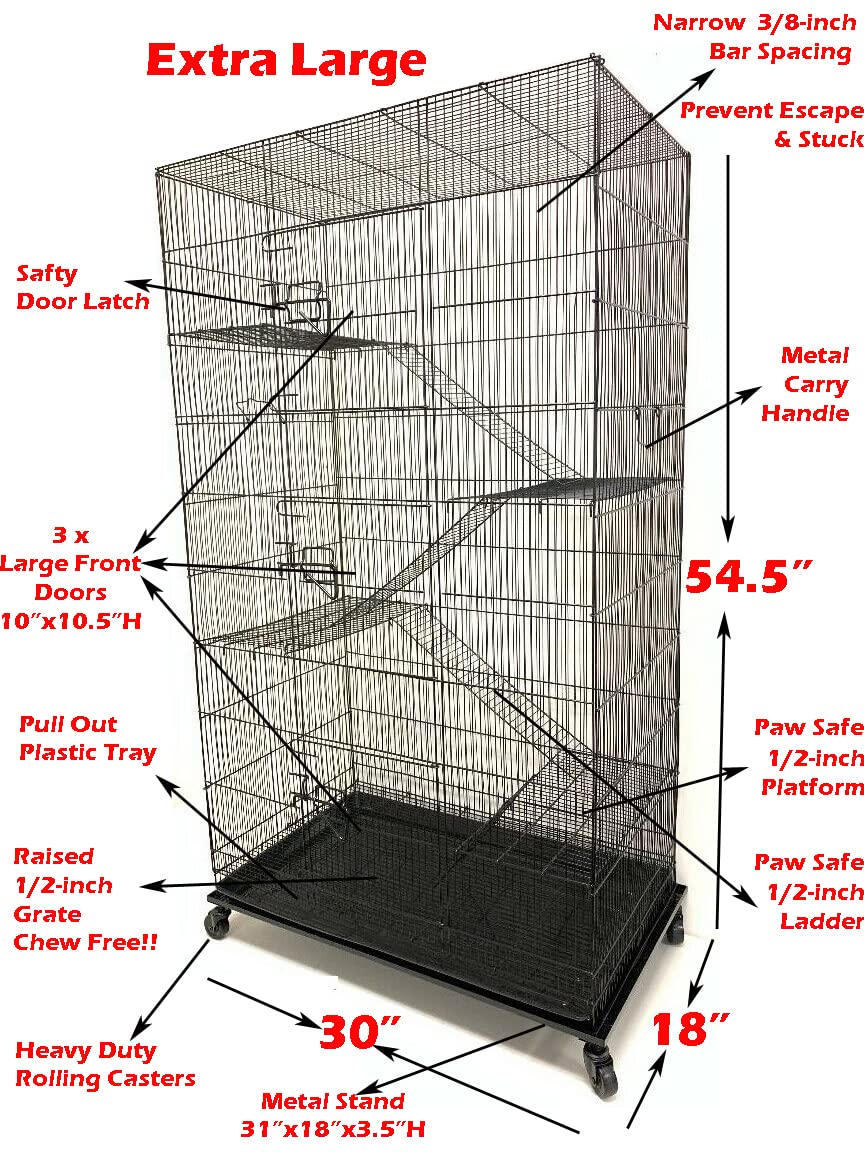 55" Extra Large 5 Levels 3/8-Inch Tight Wire Spacing Guinea Pig Sugar Glider Animal Wire Chew Free Cage with Removable Rolling Stand