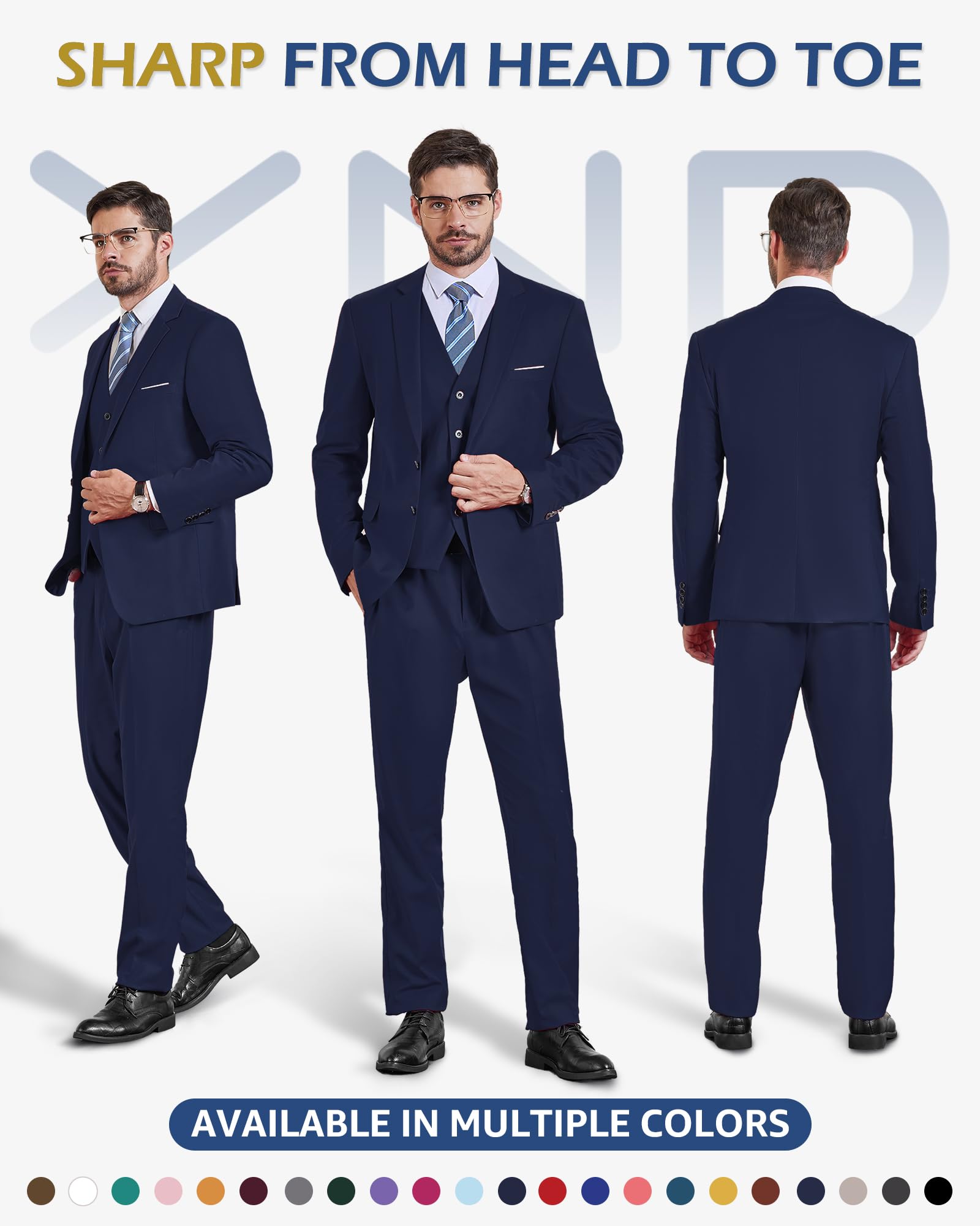 YND Men's Slim Fit 2 Button 3 Piece Suit Set, Blazer Jacket Vest Pants and Tie, Solid Wedding Dress Tux and Trousers Deep Blue