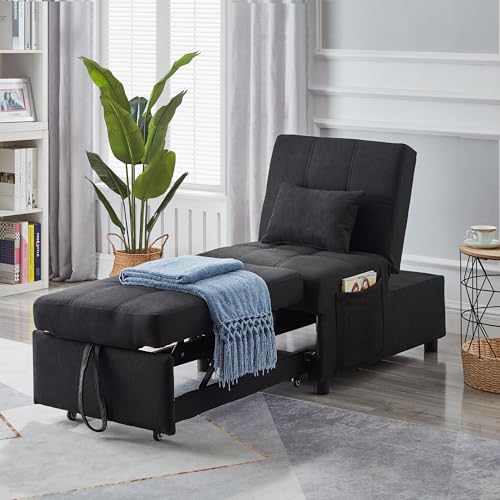 Convertible Pull Out Single Sofa Chair,3-in-1 Multi-Functional Sleeper Chair Bed, Adjustable Backrest Recliner with Modern Fabric for Living Room Bedroom Apartment Small Space(Black)