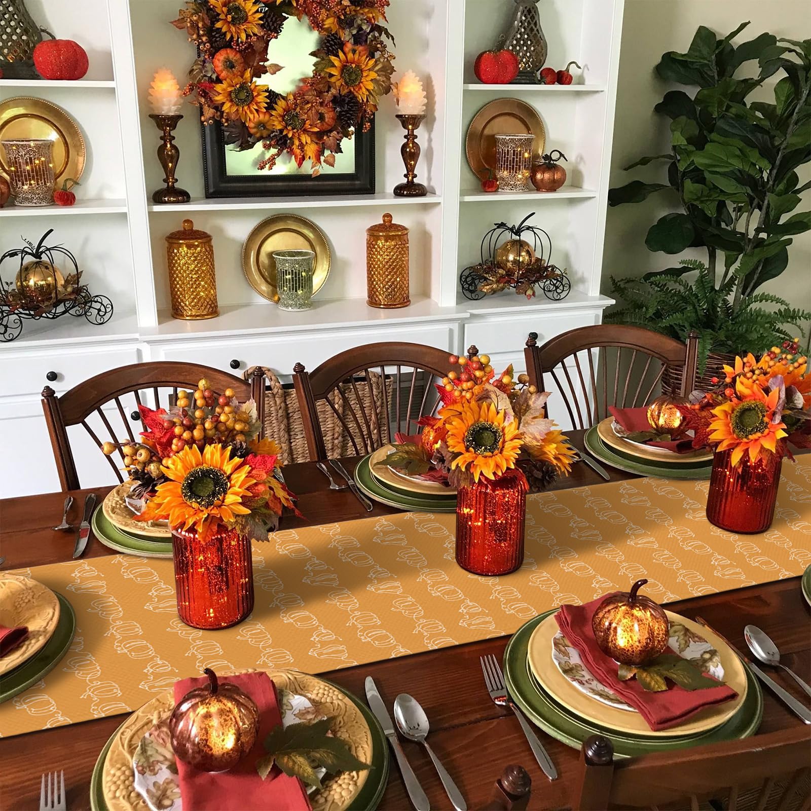 Lsrtoss Thanksgiving Fall Table Runner 60 Inches Long Farmhouse Dress Scarves, Autumn Orange Pumpkin Dining Tablerunner for Coffee Table/Kitchen Island/Party Décor, 13" x 60"