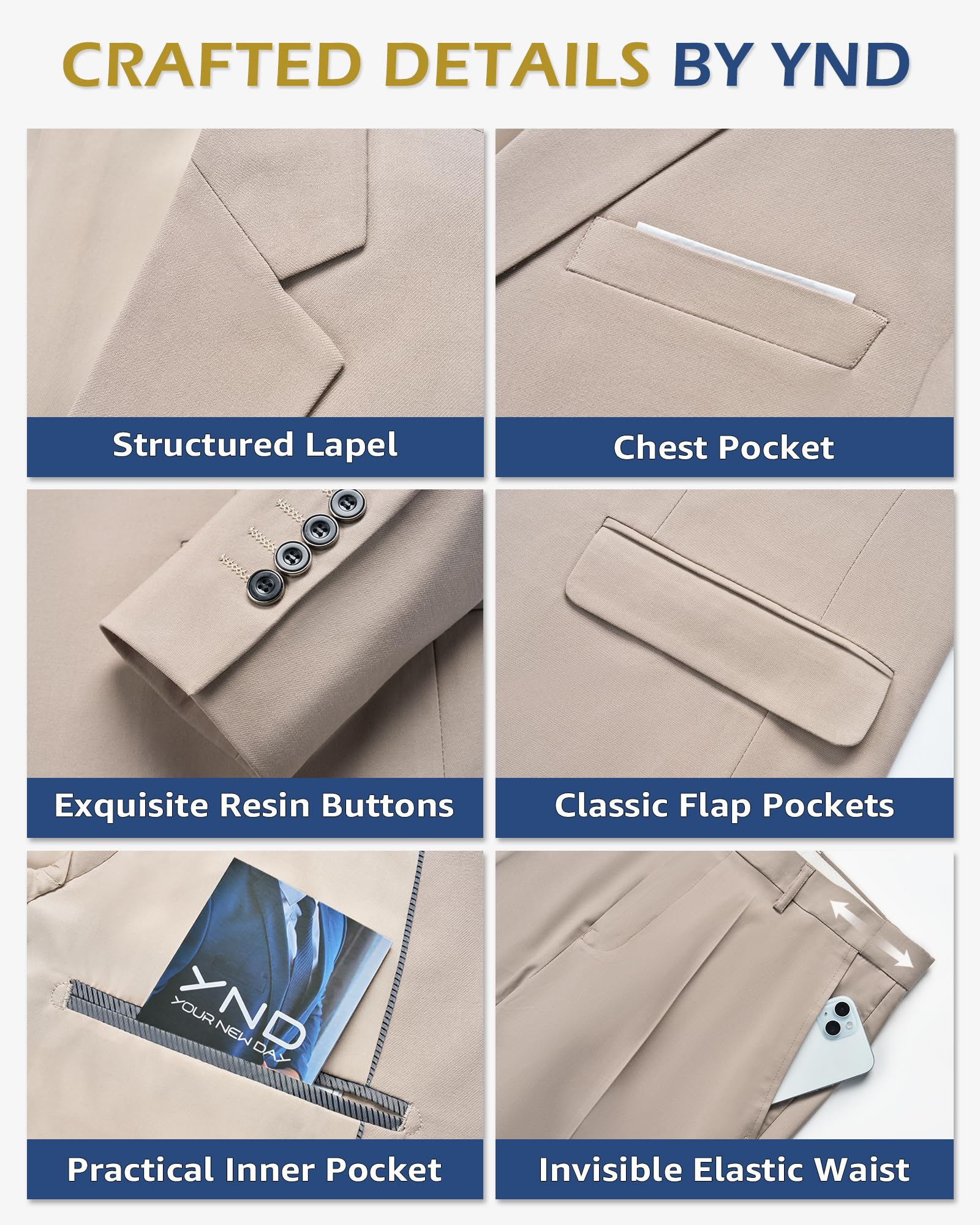 YND Men's Slim Fit 2 Button 3 Piece Suit Set, Blazer Jacket Vest Pants and Tie, Solid Wedding Dress Tux and Trousers Deep Blue