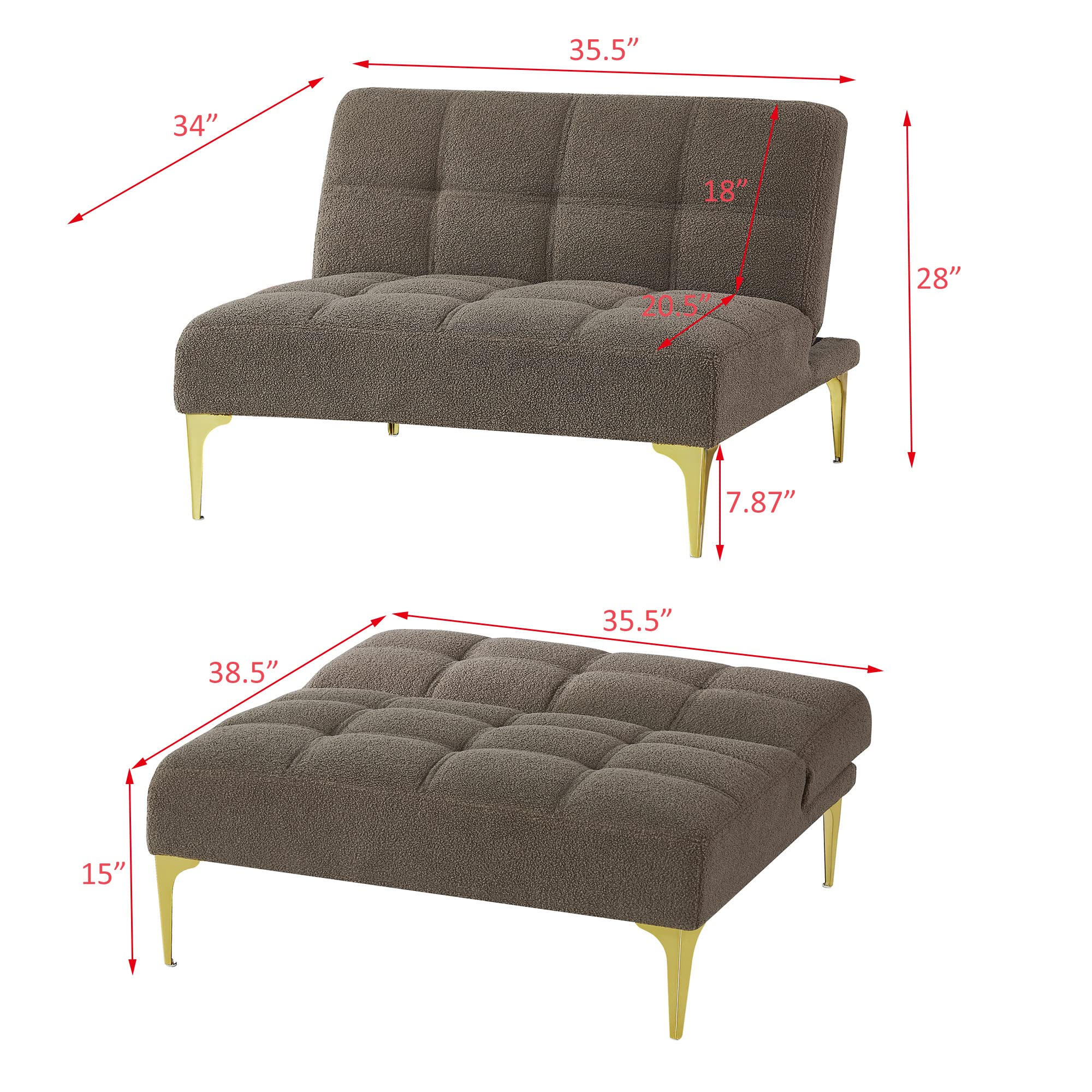 FIQHOME Convertible Sofa Bed, Adjustable Backrest & Gold Metal Legs, Futon Sleeper Couch Daybed Single Pillow, Teddy Fabric Armless Chair,Taupe