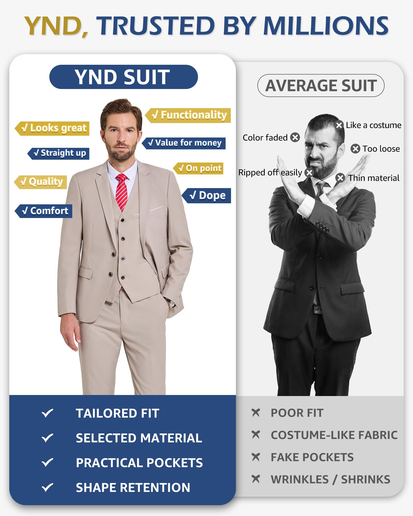 YND Men's Slim Fit 2 Button 3 Piece Suit Set, Blazer Jacket Vest Pants and Tie, Solid Wedding Dress Tux and Trousers Deep Blue
