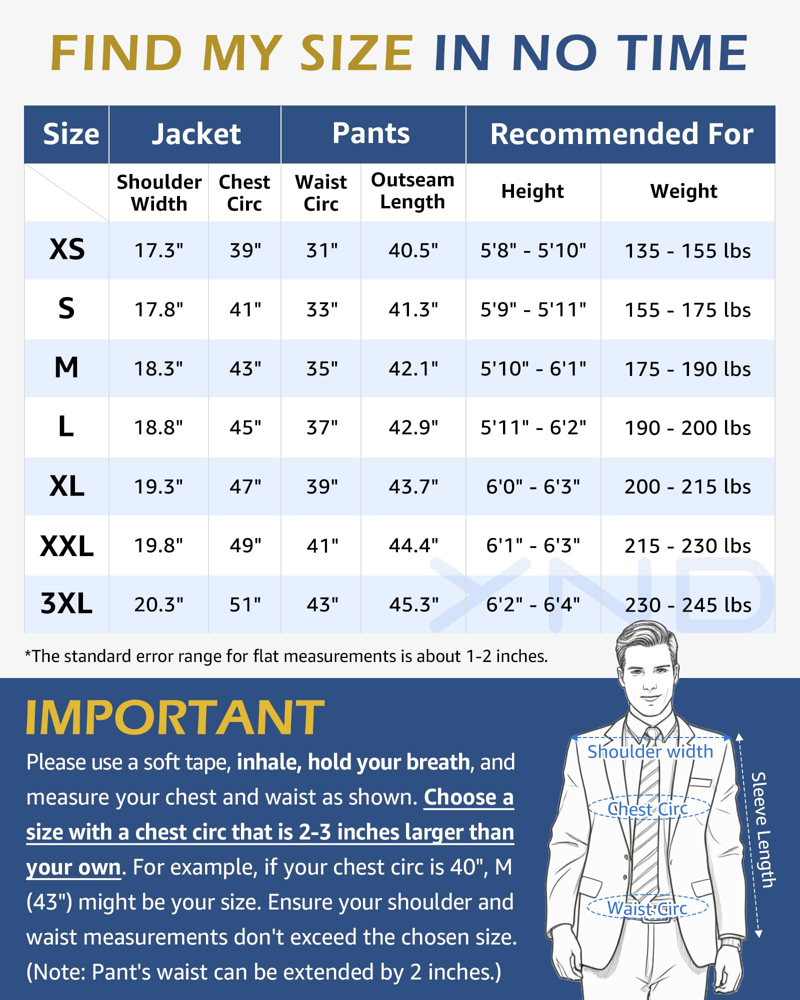 YND Men's Slim Fit 2 Button 3 Piece Suit Set, Blazer Jacket Vest Pants and Tie, Solid Wedding Dress Tux and Trousers Deep Blue