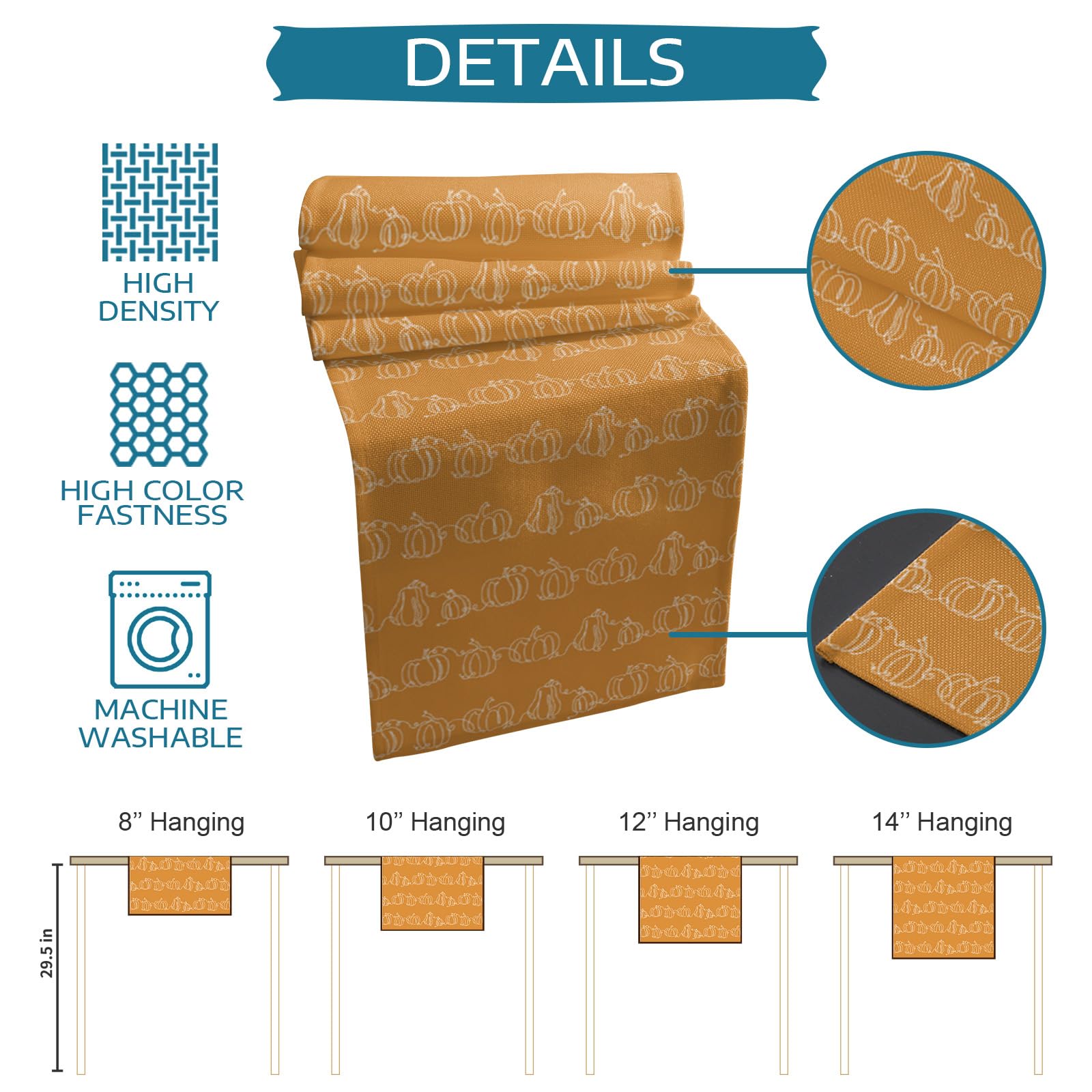 Lsrtoss Thanksgiving Fall Table Runner 60 Inches Long Farmhouse Dress Scarves, Autumn Orange Pumpkin Dining Tablerunner for Coffee Table/Kitchen Island/Party Décor, 13" x 60"