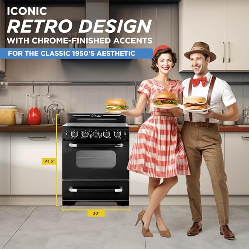 Unique Appliances UGP-30CR EC B Classic Retro Radiant Freestanding Electric Convection Oven Light, Range with 5-Element Glass Cooktop, 30", Midnight Black