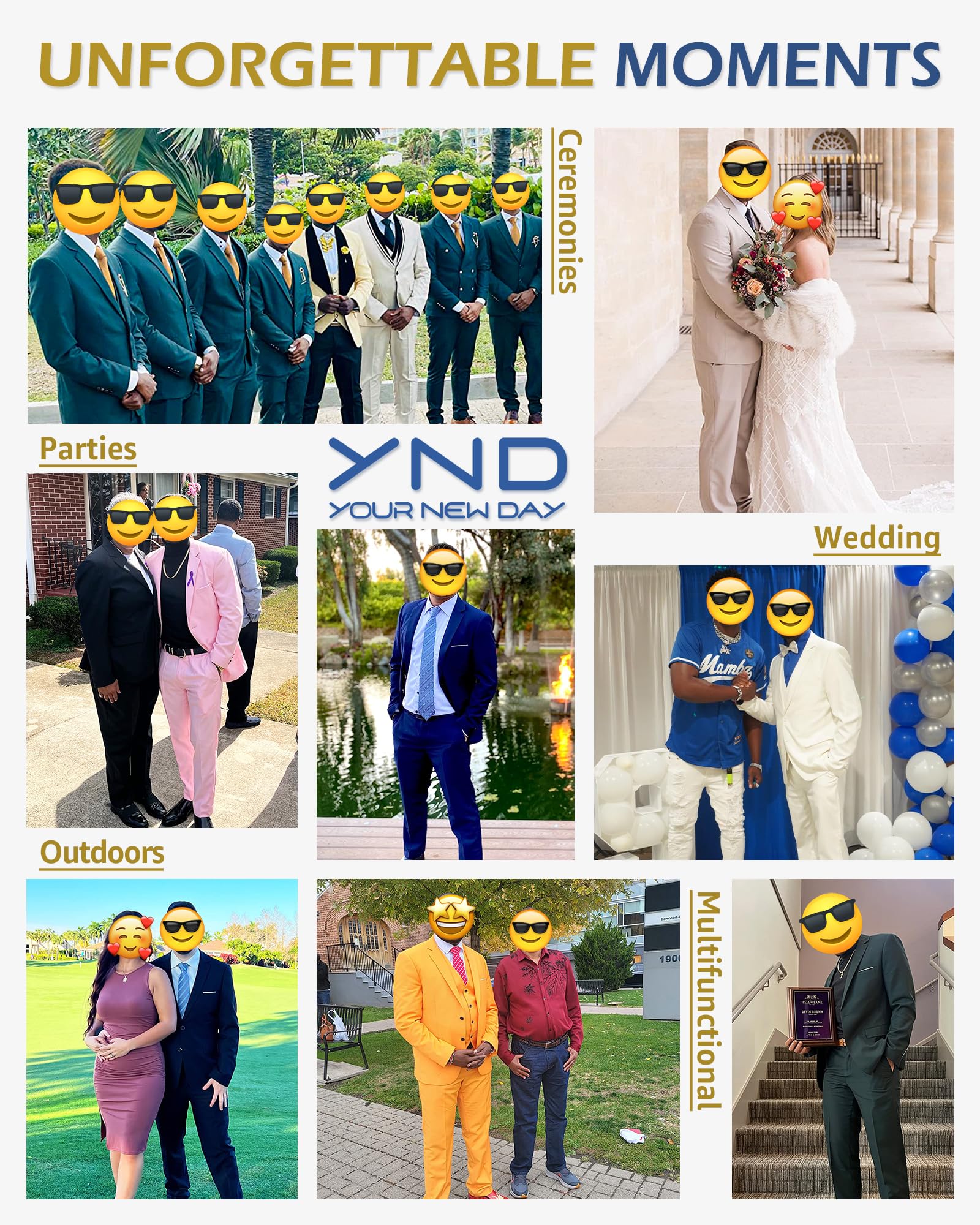 YND Men's Slim Fit 2 Button 3 Piece Suit Set, Blazer Jacket Vest Pants and Tie, Solid Wedding Dress Tux and Trousers Deep Blue