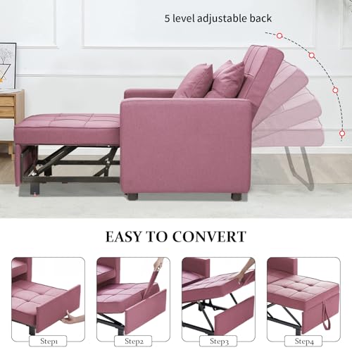 GOOGIC Convertible Chair Bed - Folding Sofa Bed Chair with Adjustable Backrest, 3-in-1 Multi-Functional Pull Out Sleeper Chair Bed Single Armchair Sofa Bed with Side Pocket (Pink)