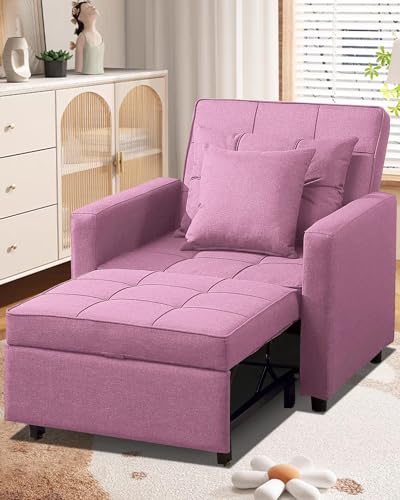 GOOGIC Convertible Chair Bed - Folding Sofa Bed Chair with Adjustable Backrest, 3-in-1 Multi-Functional Pull Out Sleeper Chair Bed Single Armchair Sofa Bed with Side Pocket (Pink)