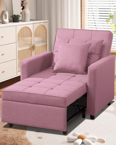 GOOGIC Convertible Chair Bed - Folding Sofa Bed Chair with Adjustable Backrest, 3-in-1 Multi-Functional Pull Out Sleeper Chair Bed Single Armchair Sofa Bed with Side Pocket (Pink)