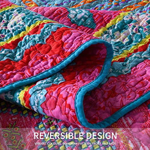 Qucover Boho Quilt Throw, Soft Microfiber Pink Blue Bohemian Bed Spread, Ethnic Style Lightweight Quilt Throw Blanket for Couch Sofa (Small Single)