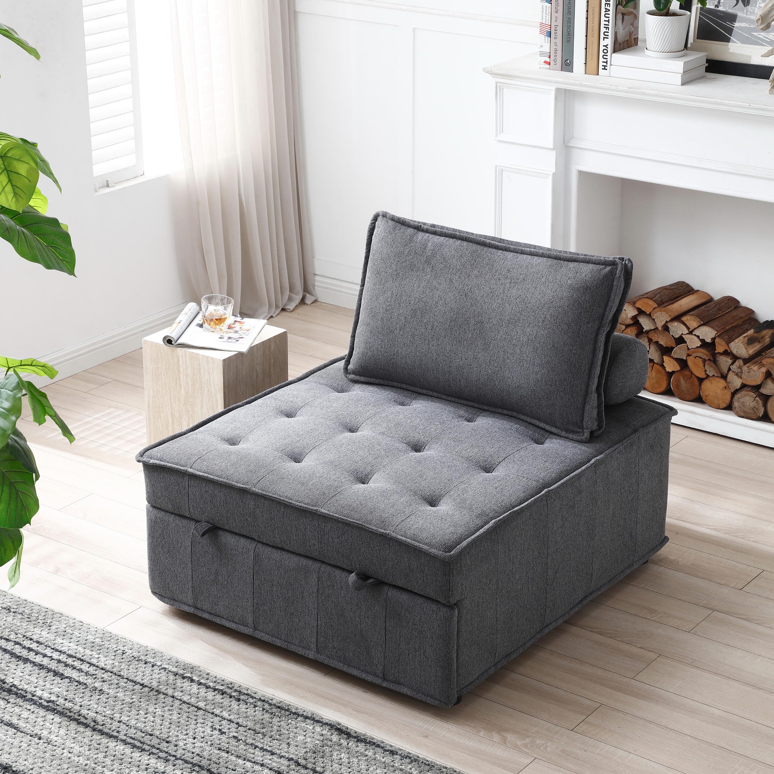 P PURLOVE Sleeper Sofa Bed for Living Room, Modern Ottoman Lazy Couch with Removable Backrest, Multipurpose Sofa Pulling Out Bed for Apartment, Bedroom (Dark Grey)