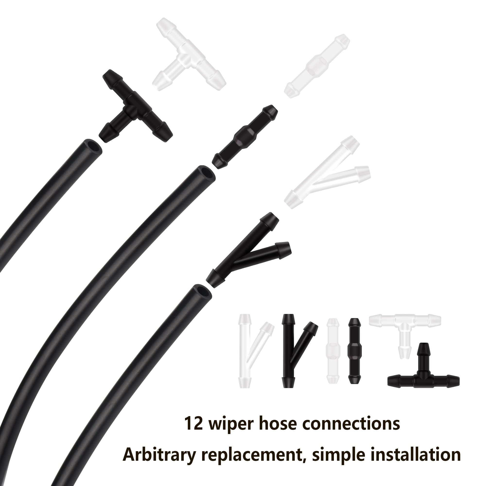 Windshield Washer Hose Kit 4 Meter Universal Washer Fluid Hose with 12 Pcs Hose Connectors,Rubber Water Hose Connector Splitter,Fit for Most Car Windshield Washer Tubing (4M-12)