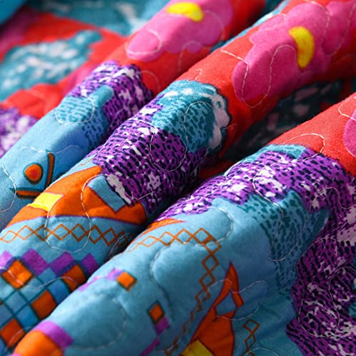 Qucover Boho Quilt Throw, Soft Microfiber Pink Blue Bohemian Bed Spread, Ethnic Style Lightweight Quilt Throw Blanket for Couch Sofa (Small Single)