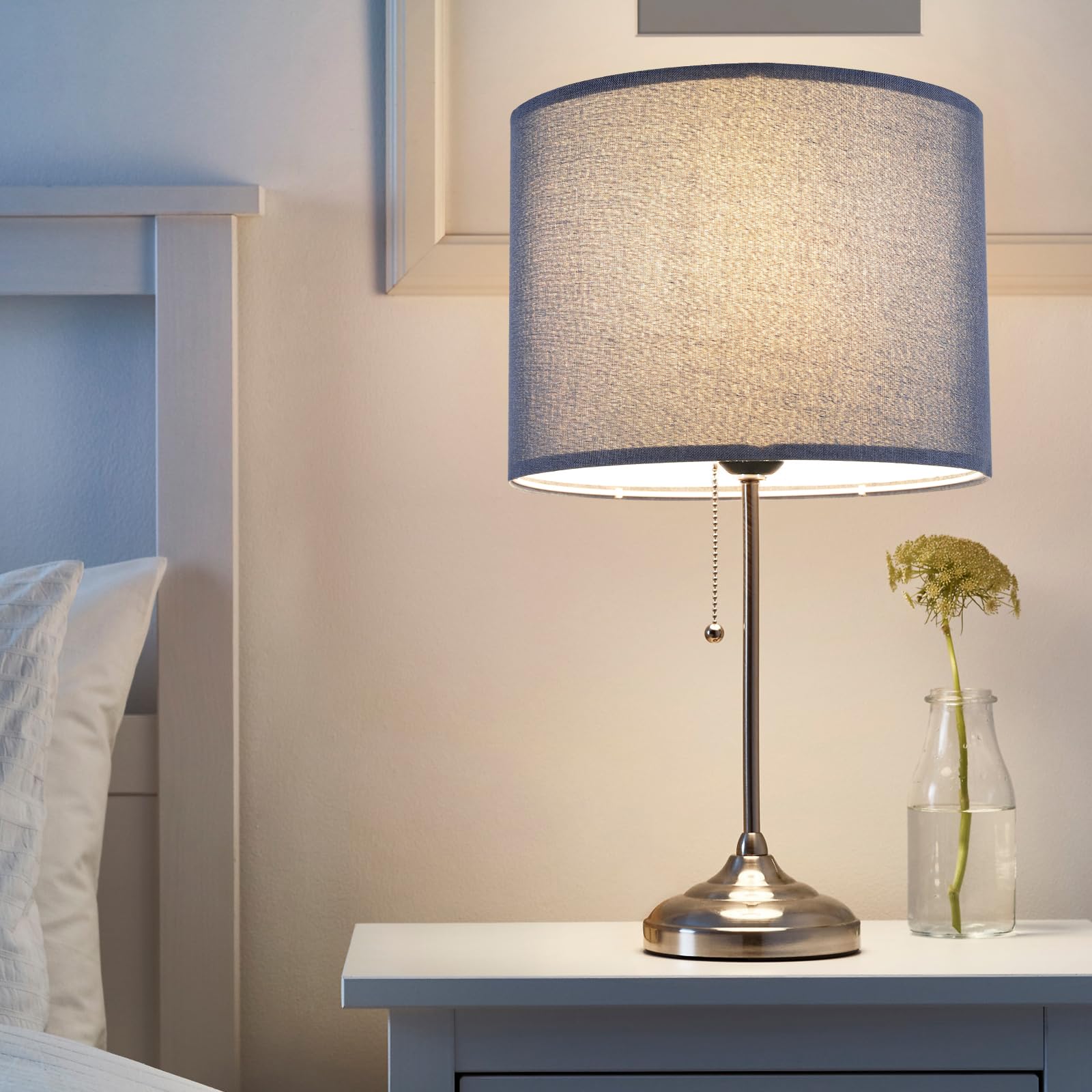 Lamp Shades Set of 2, Drum Lampshade for Table Lamps Floor Lamp, 12" Top X 12" Bottom X 8" High Blue Large-Medium Line Fabric Lamp Shades, Easy Assembly Replacement Lampshades