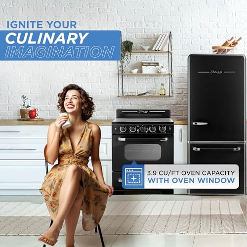 Unique Appliances UGP-30CR EC B Classic Retro Radiant Freestanding Electric Convection Oven Light, Range with 5-Element Glass Cooktop, 30", Midnight Black