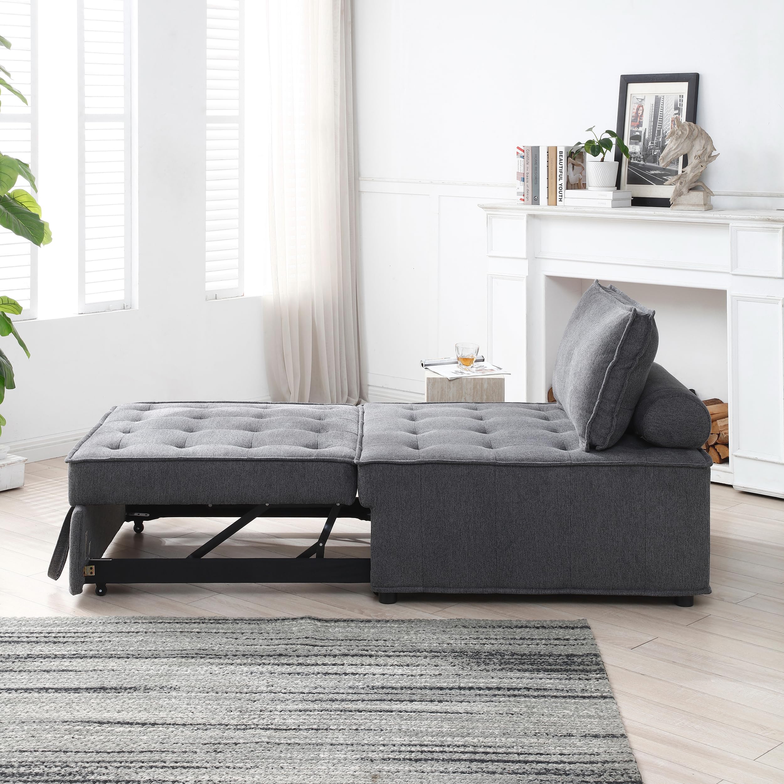 P PURLOVE Sleeper Sofa Bed for Living Room, Modern Ottoman Lazy Couch with Removable Backrest, Multipurpose Sofa Pulling Out Bed for Apartment, Bedroom (Dark Grey)