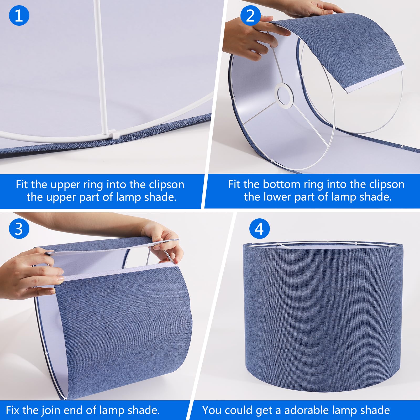 Lamp Shades Set of 2, Drum Lampshade for Table Lamps Floor Lamp, 12" Top X 12" Bottom X 8" High Blue Large-Medium Line Fabric Lamp Shades, Easy Assembly Replacement Lampshades