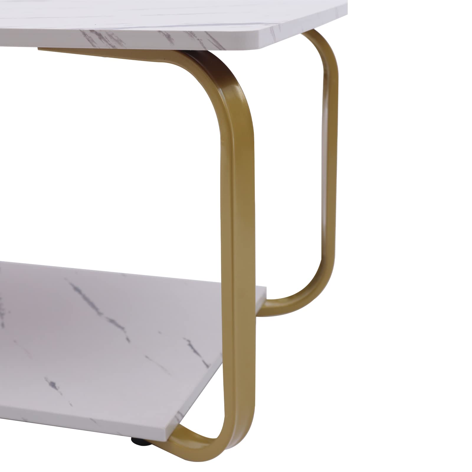 Rectangular Coffee Table for Living Room, 39.4" Faux White Marble Coffee Table with Storage Shelf, 2-Tier Modern Center Table with White Faux Marble Tabletop, Gold Metal Frame