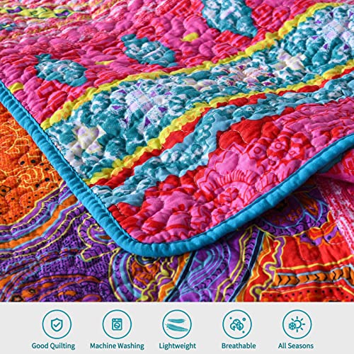 Qucover Boho Quilt Throw, Soft Microfiber Pink Blue Bohemian Bed Spread, Ethnic Style Lightweight Quilt Throw Blanket for Couch Sofa (Small Single)