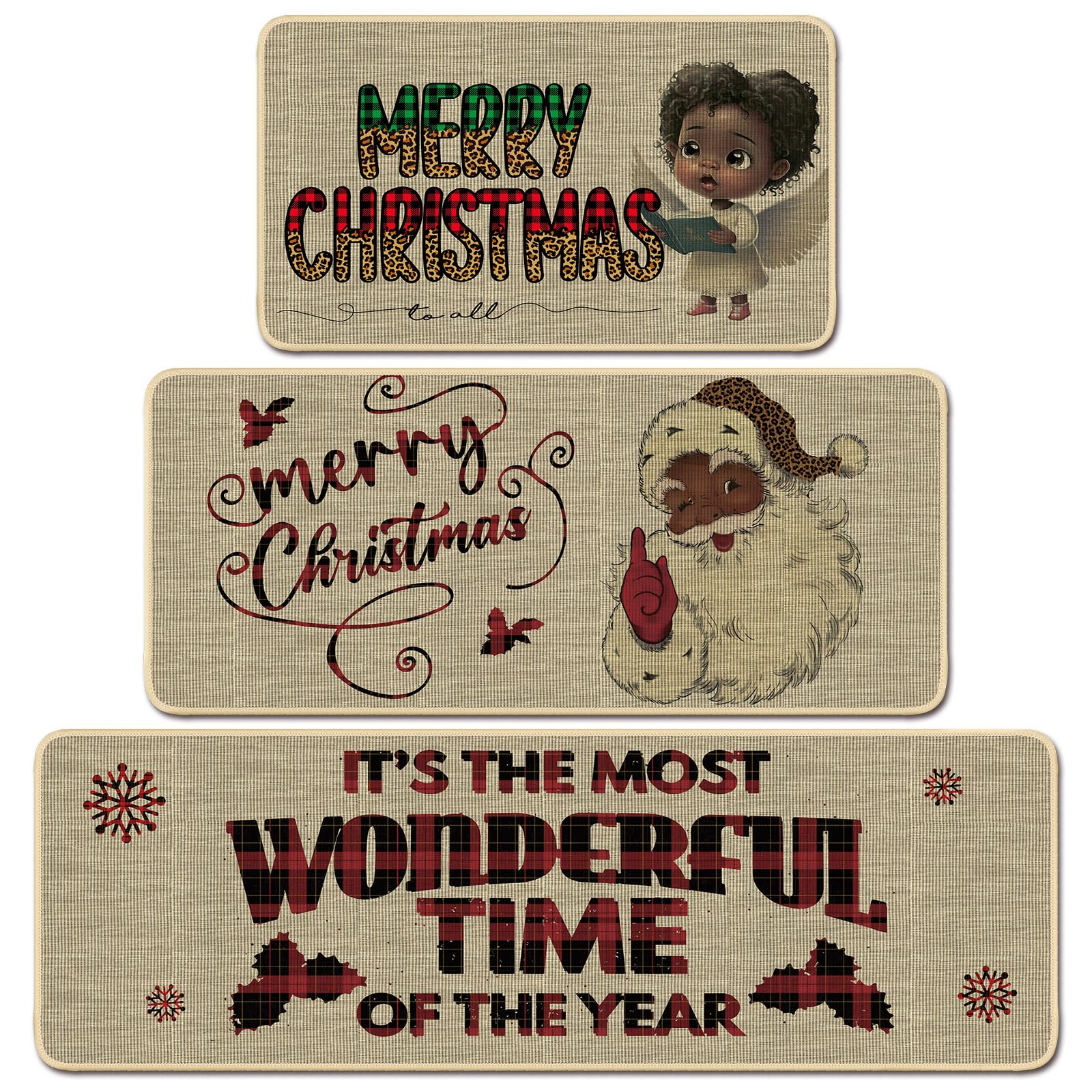 Layhit Christmas Kitchen Rugs and Mats Set of 3 Black Santa Doormat African American Santa Claus Entrance Rug Merry Christmas Winter Farmhouse Party Floor Mat for Kitchen 20 x 29,20 x 47,20 x 59 in