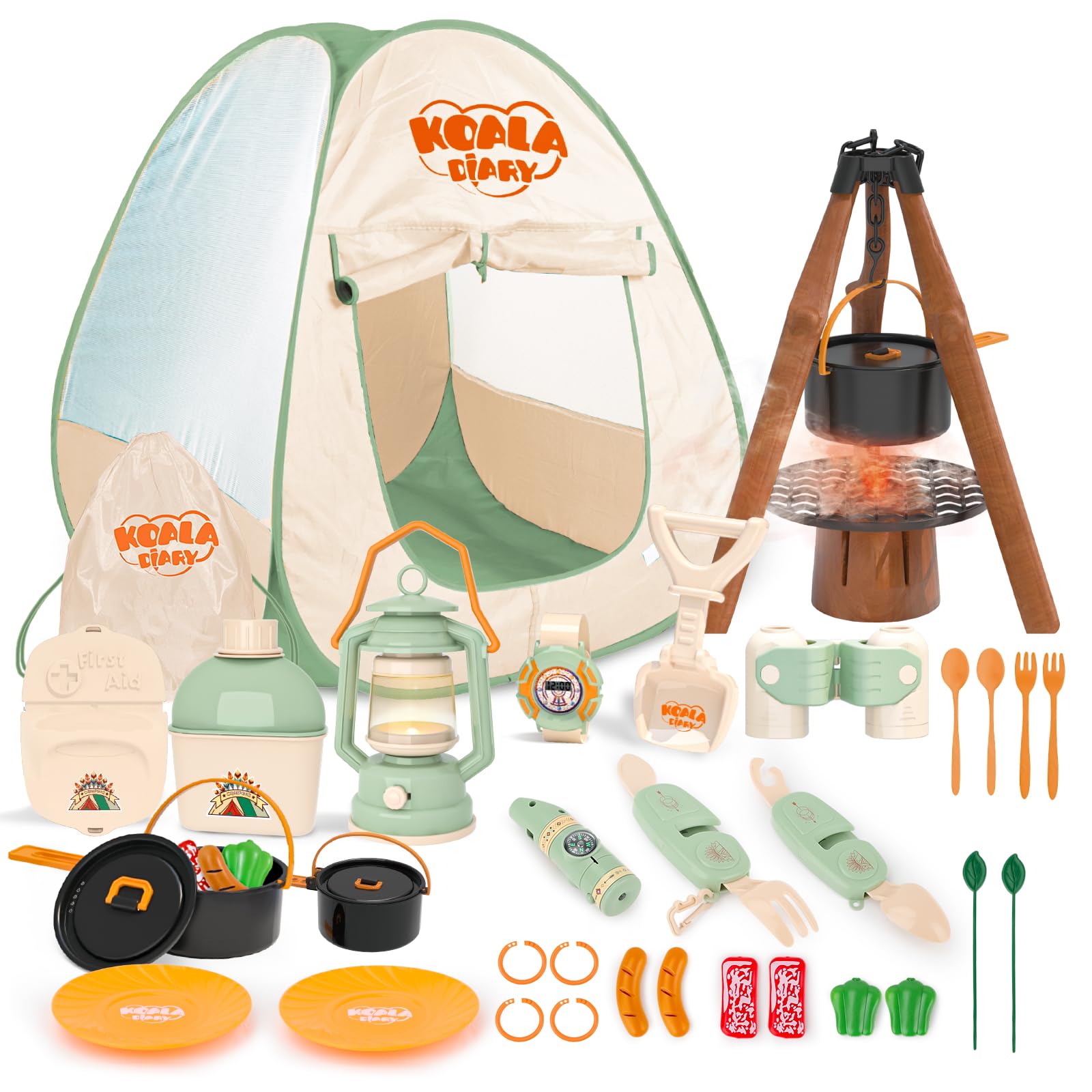 deAO Kids Camping Toys Set with Play Tent,23 PCS Outdoor Pretend Camping Toys with Light & Spray for Kids Boys Girls Age 3 4 5 6, Include Kids Camping Tent,Pot and Dish