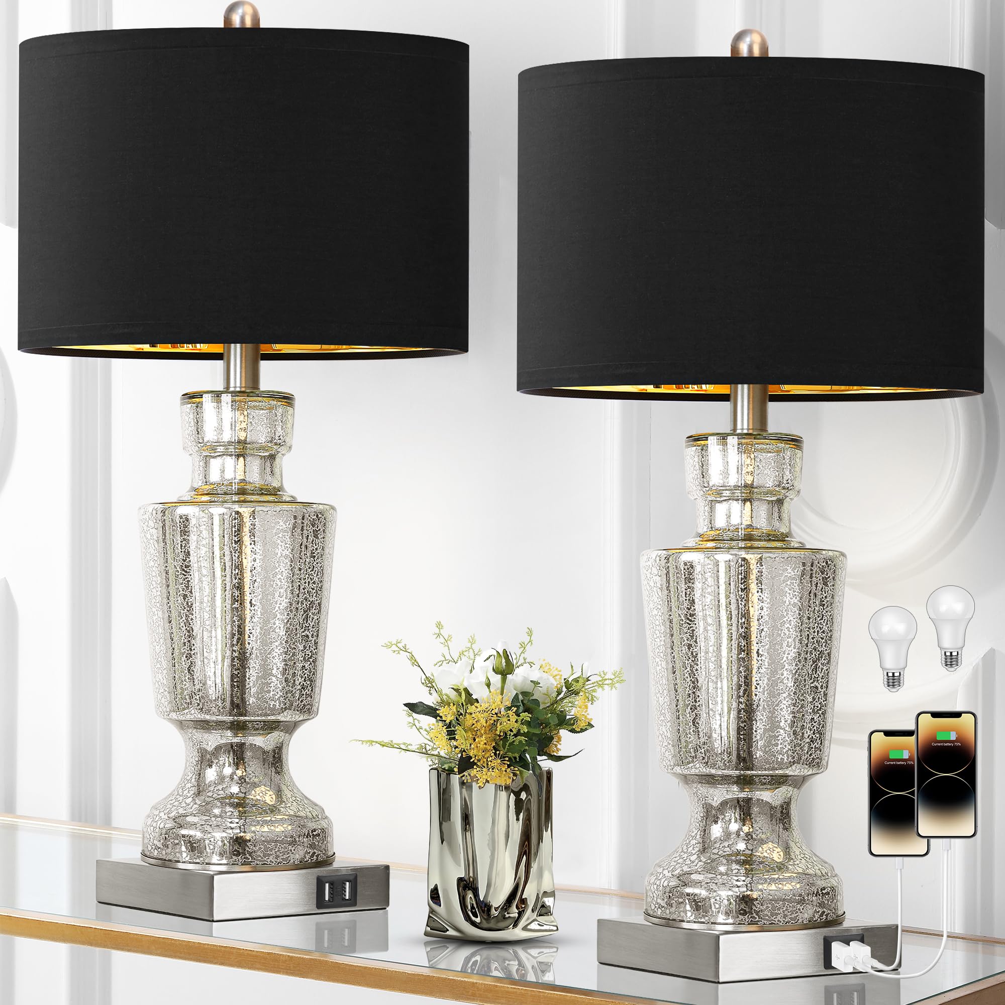 Set of 2 Mercury Crackle Glass Lamps for Bedroom with 2 USB Ports 3-Color Temperature Dimmable Contemporary Silver Living Room Lamps Modern Nightstand Lamps with Black Lampshades(Bulbs Included)