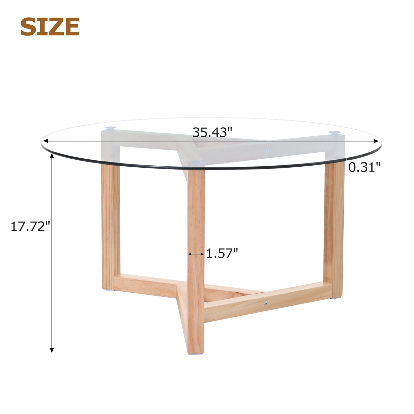 Round Accent Coffee Table, Modern Cocktail Table with Tempered Glass Top and Sturdy Wood Base, Sofa End Table Center Table for Living Room, Office, Small Spaces, Easy to Assemble, Natural