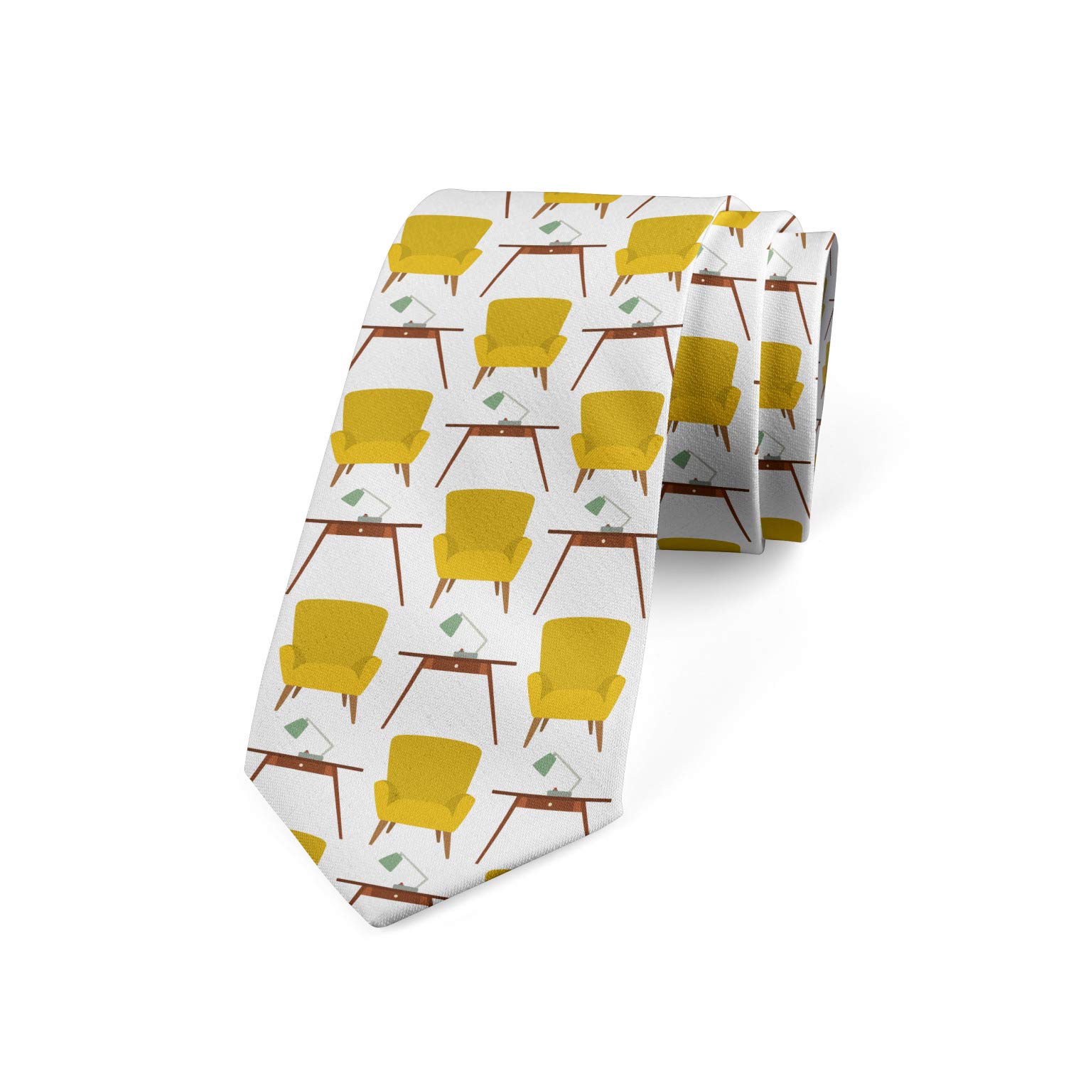 Ambesonne Mid Century Modern Necktie, Furniture Retro Armchairs of Coffee Tables Lifestyle Chez Moi, 3.7", Pale Coffee and Brown
