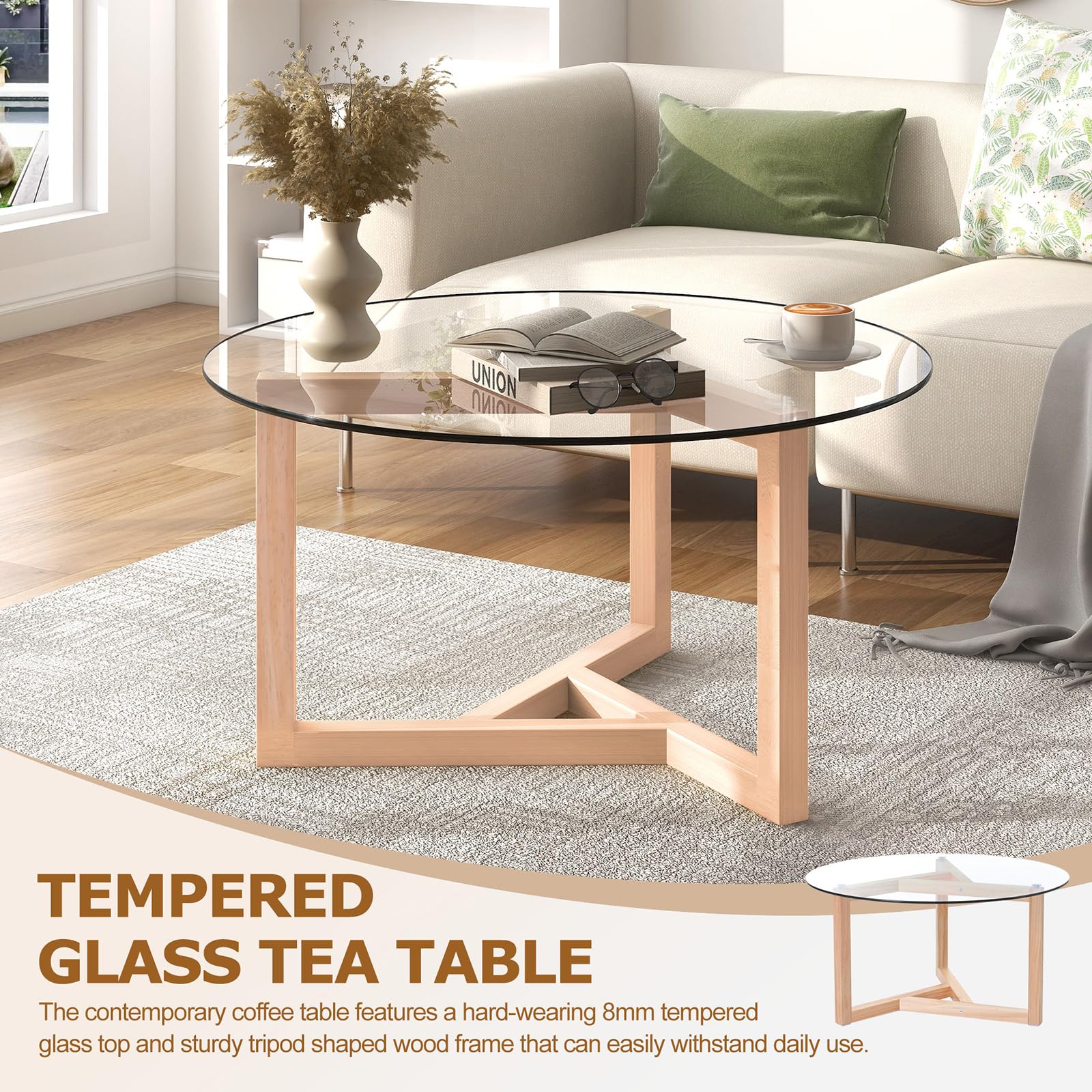 Round Accent Coffee Table, Modern Cocktail Table with Tempered Glass Top and Sturdy Wood Base, Sofa End Table Center Table for Living Room, Office, Small Spaces, Easy to Assemble, Natural