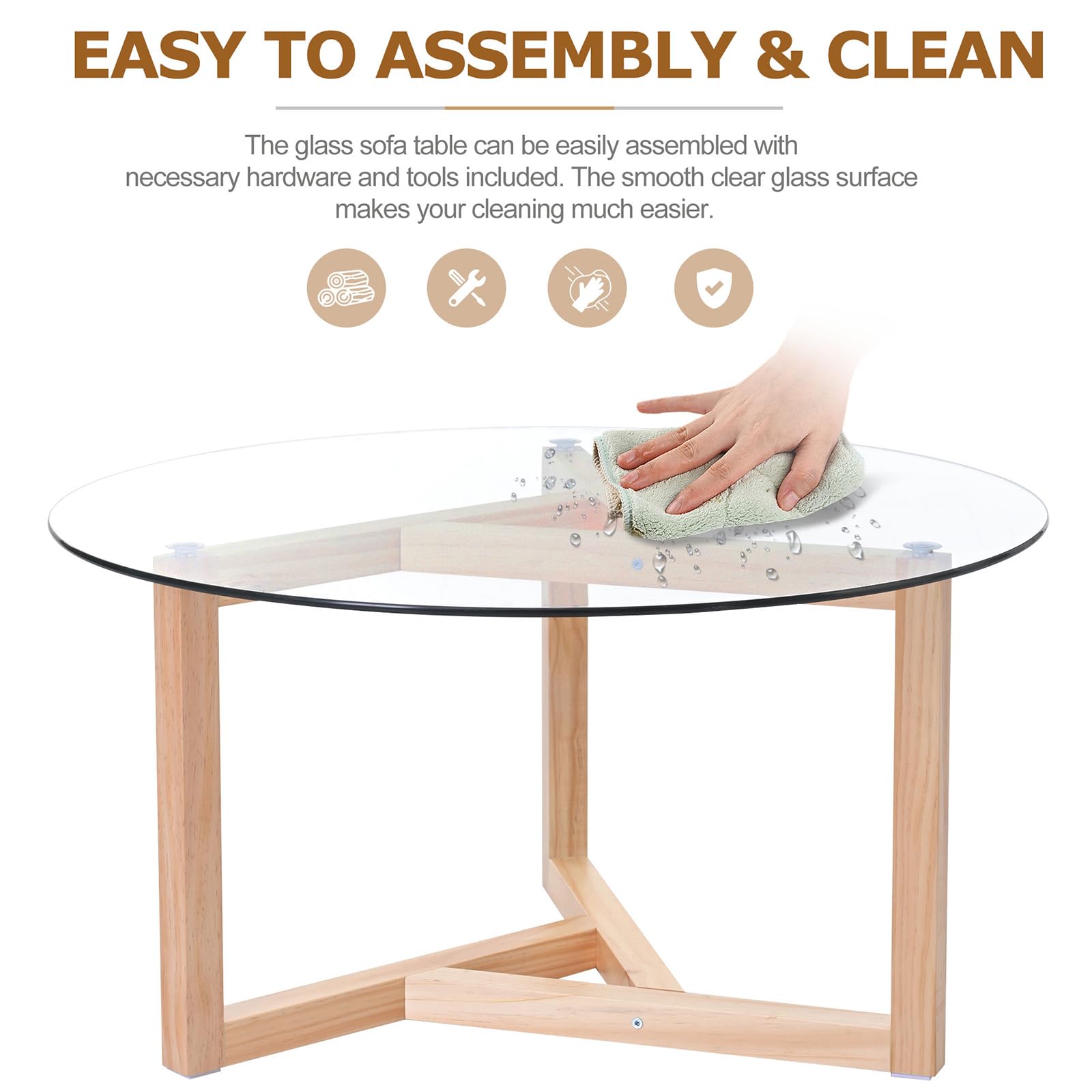 Round Accent Coffee Table, Modern Cocktail Table with Tempered Glass Top and Sturdy Wood Base, Sofa End Table Center Table for Living Room, Office, Small Spaces, Easy to Assemble, Natural