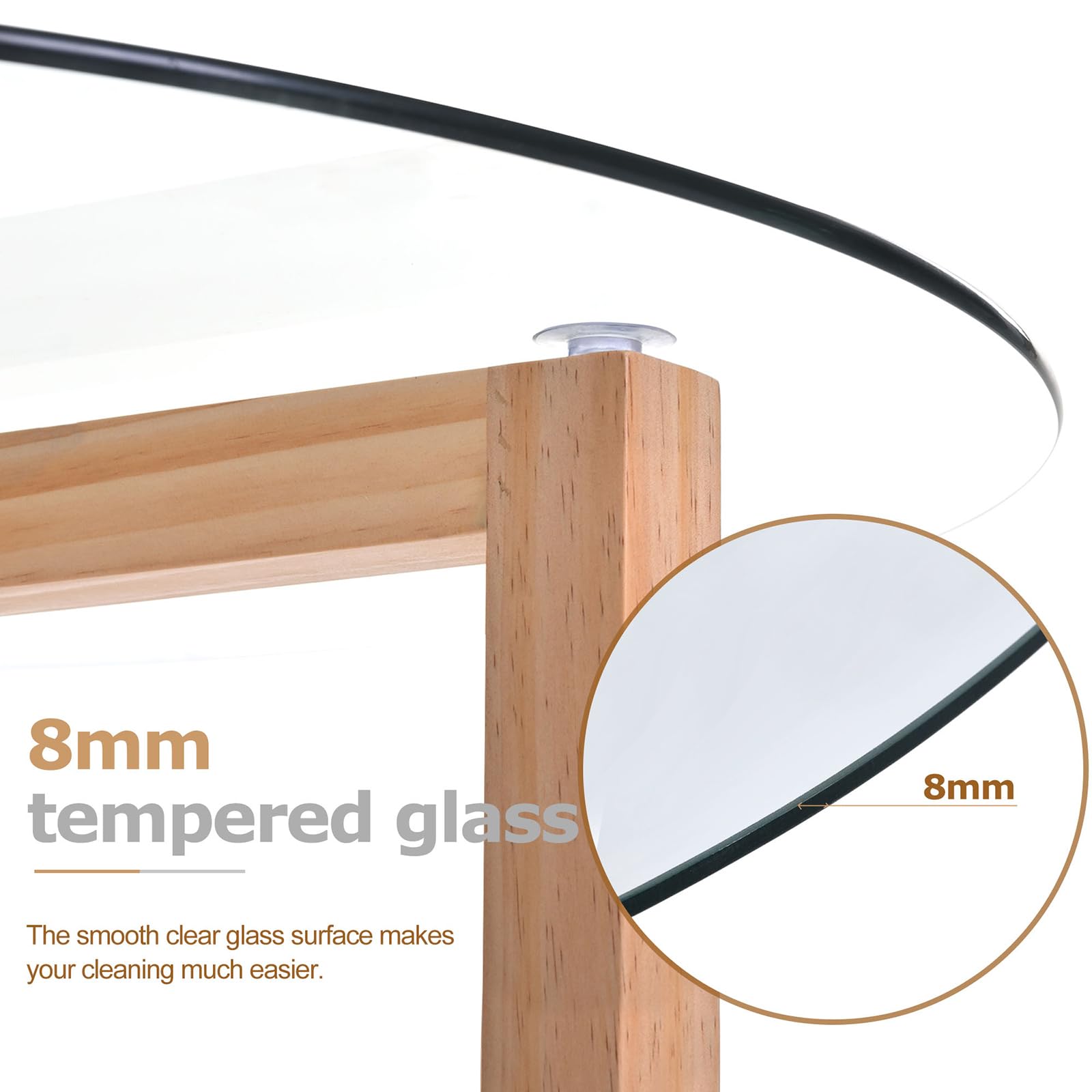 Round Accent Coffee Table, Modern Cocktail Table with Tempered Glass Top and Sturdy Wood Base, Sofa End Table Center Table for Living Room, Office, Small Spaces, Easy to Assemble, Natural