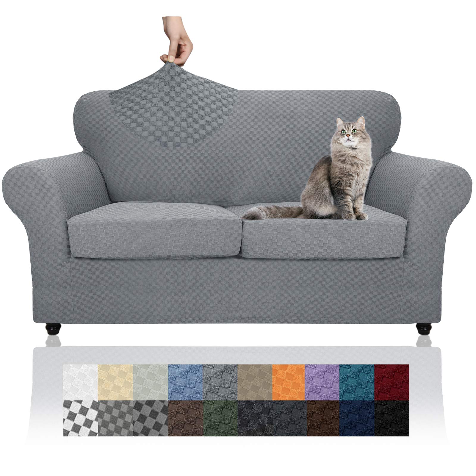 YEMYHOM Latest Checkered 3 Pieces Couch Covers for 2 Cushion Couch High Stretch Thickened Love Seat Sofa Cover for Dogs Pets Elastic Loveseat Slipcover Protector (Light Gray), 55"-69"(2 Cushions)