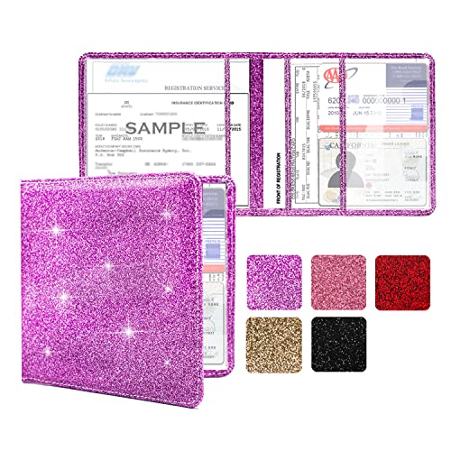 Teoenix Car Registration and Insurance Holder, Automotive Glove Box Car Organizer Men Women Wallet Accessories Case for Cards, Essential Documents, Driver License - Bling Purple