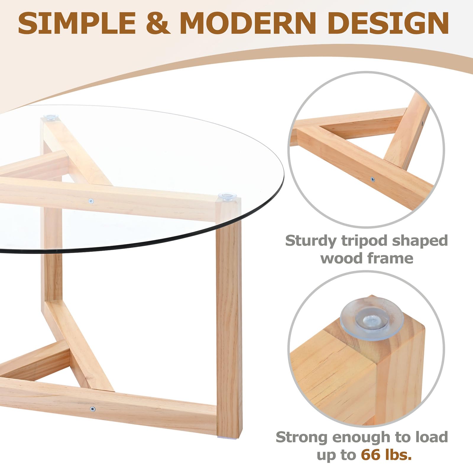 Round Accent Coffee Table, Modern Cocktail Table with Tempered Glass Top and Sturdy Wood Base, Sofa End Table Center Table for Living Room, Office, Small Spaces, Easy to Assemble, Natural