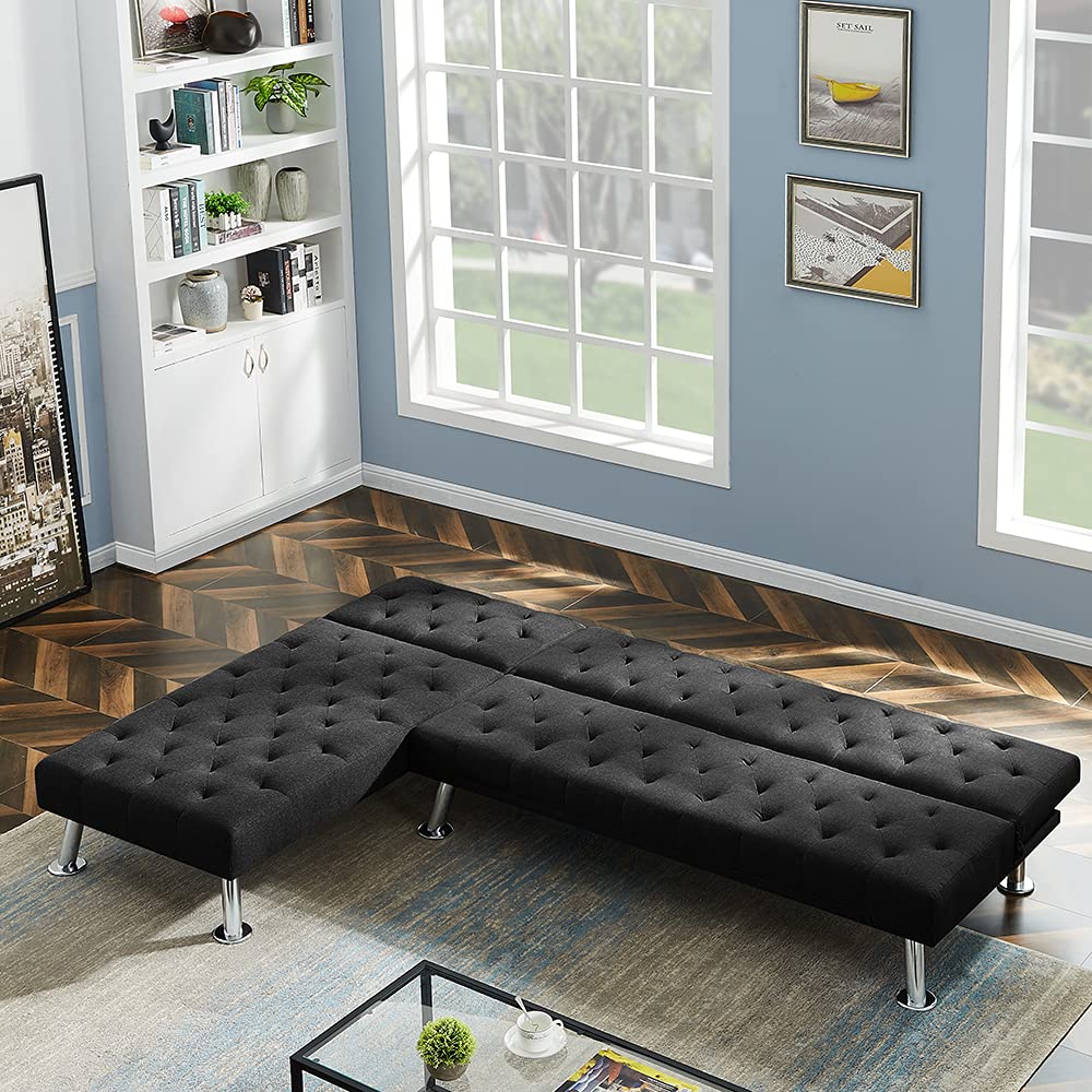 Modern Fabric Futon Sofa Bed with Convertible Single & Double Seat Futon Beds,L-Shaped Reversible Sectional Couch Sofa Bed with Metal Legs for Home/Living Room/Apartment/Dorm (Black + Fabric)