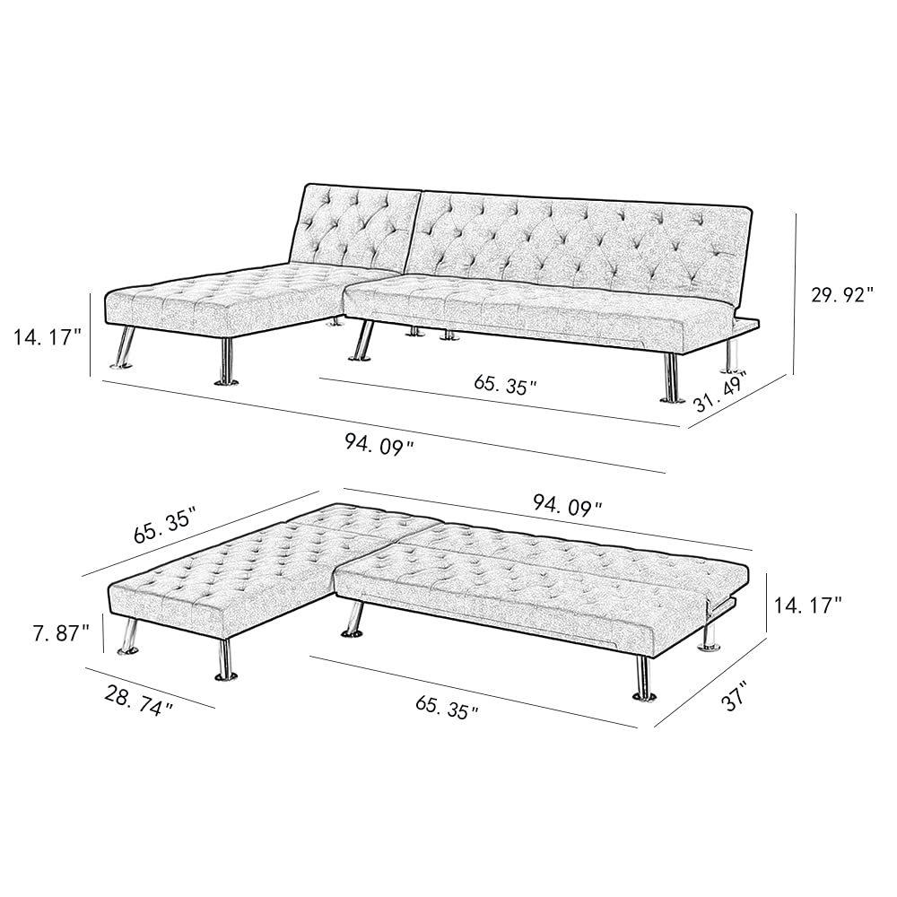 Modern Fabric Futon Sofa Bed with Convertible Single & Double Seat Futon Beds,L-Shaped Reversible Sectional Couch Sofa Bed with Metal Legs for Home/Living Room/Apartment/Dorm (Black + Fabric)