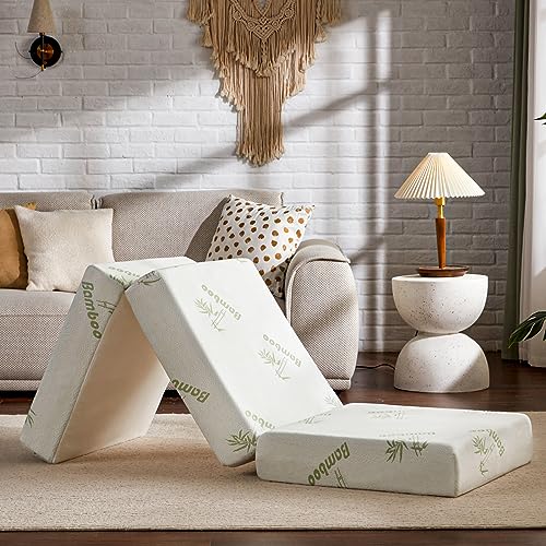 SINWEEK Folding Mattress Single Trifold Floor Guest Bed Foldable Sleeping Mats for Adults Tri Folding Foam Camping Pad with Travel Bag and Washable Cooling Cover CertiPUR-US Certified