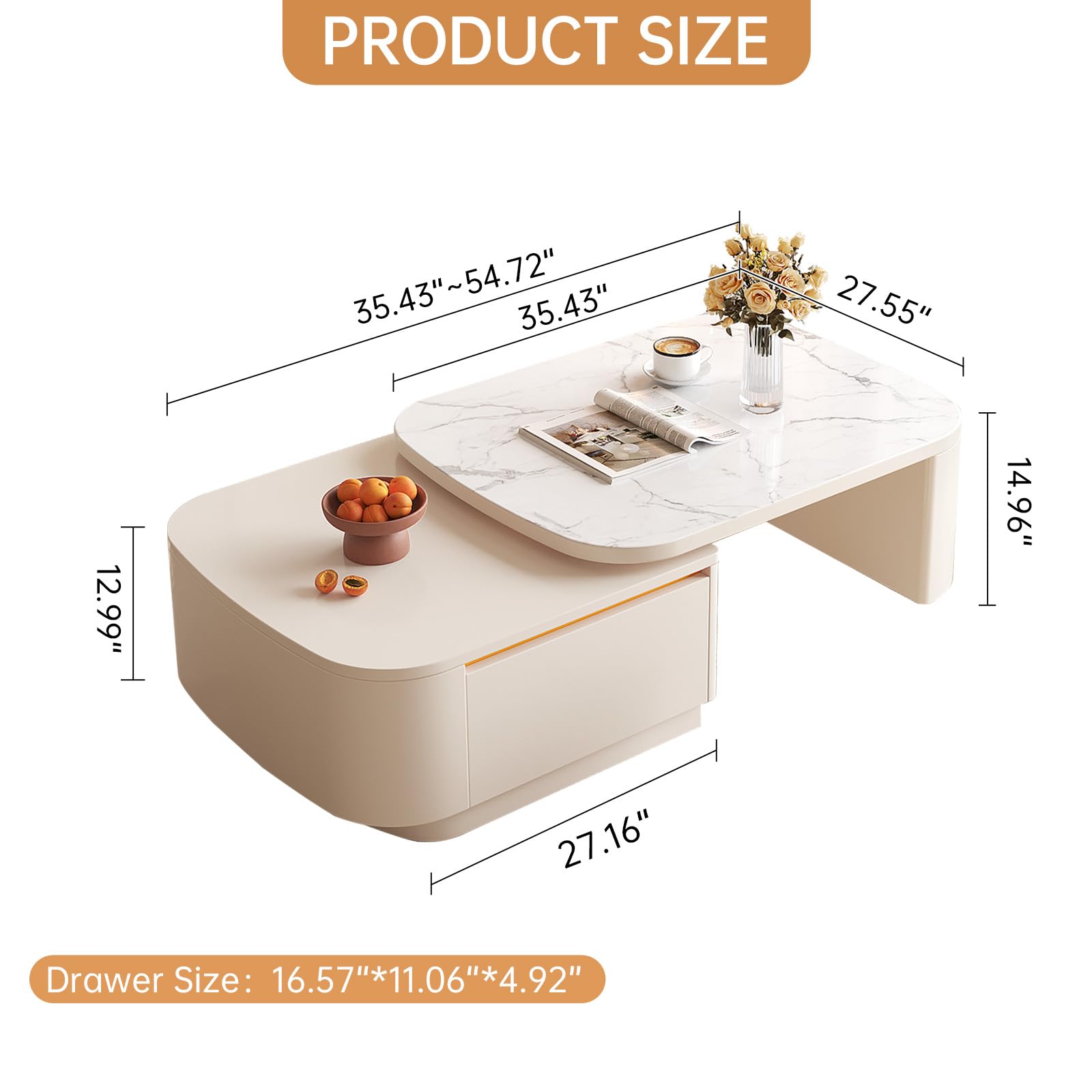 GraceNook Extended Oval Coffee Table with 2 Pu Leather Stools Set, Length Extend from 35"- 54", Nesting Coffee Table 3 Sets with Faux Marble Surface, Center Table with 2 Drawers for Living Room