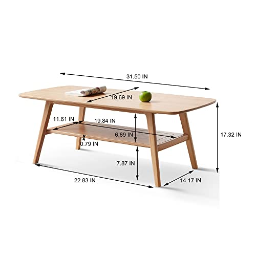 HomSof Center Table Low Table 100% Solid Wood Top Plate Desk Coffee Table,Natural Wood Writing Desk with Storage Shelf 31.5"x19.7"x17.3",Oak
