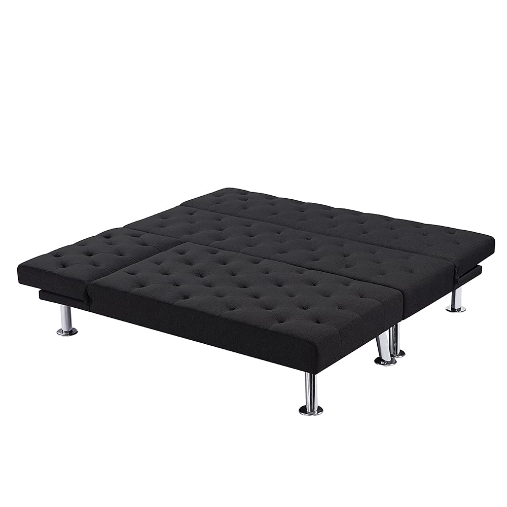 Modern Fabric Futon Sofa Bed with Convertible Single & Double Seat Futon Beds,L-Shaped Reversible Sectional Couch Sofa Bed with Metal Legs for Home/Living Room/Apartment/Dorm (Black + Fabric)