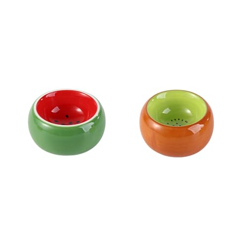 Pokinge 2 Packs Hamster Bowls, Ceramic Small Animals Food Dish Mini Anti-Moving Water Drinker for Rat Gerbil Hedgehog Kiwi Watermelon Pattern Pet Supplies