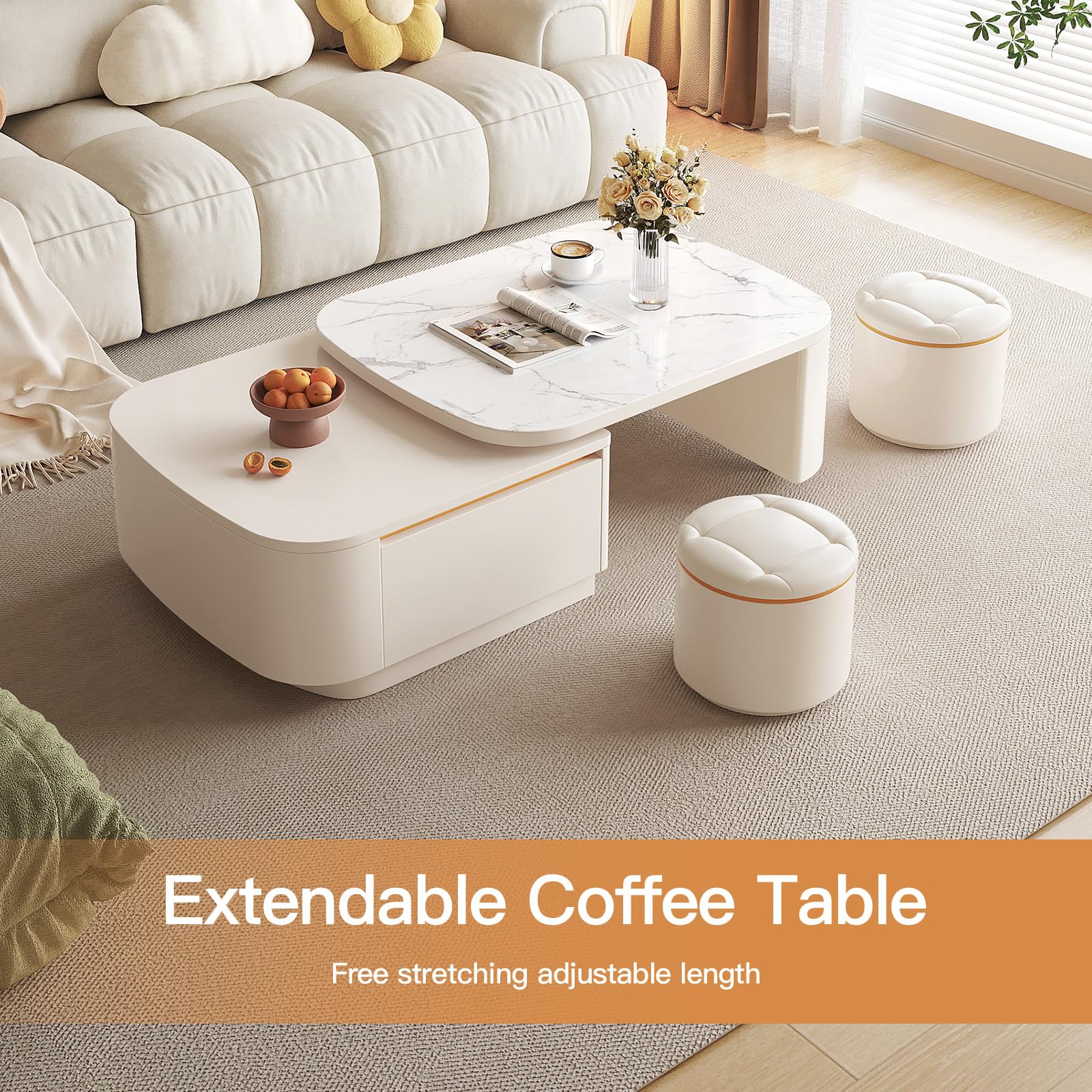 GraceNook Extended Oval Coffee Table with 2 Pu Leather Stools Set, Length Extend from 35"- 54", Nesting Coffee Table 3 Sets with Faux Marble Surface, Center Table with 2 Drawers for Living Room