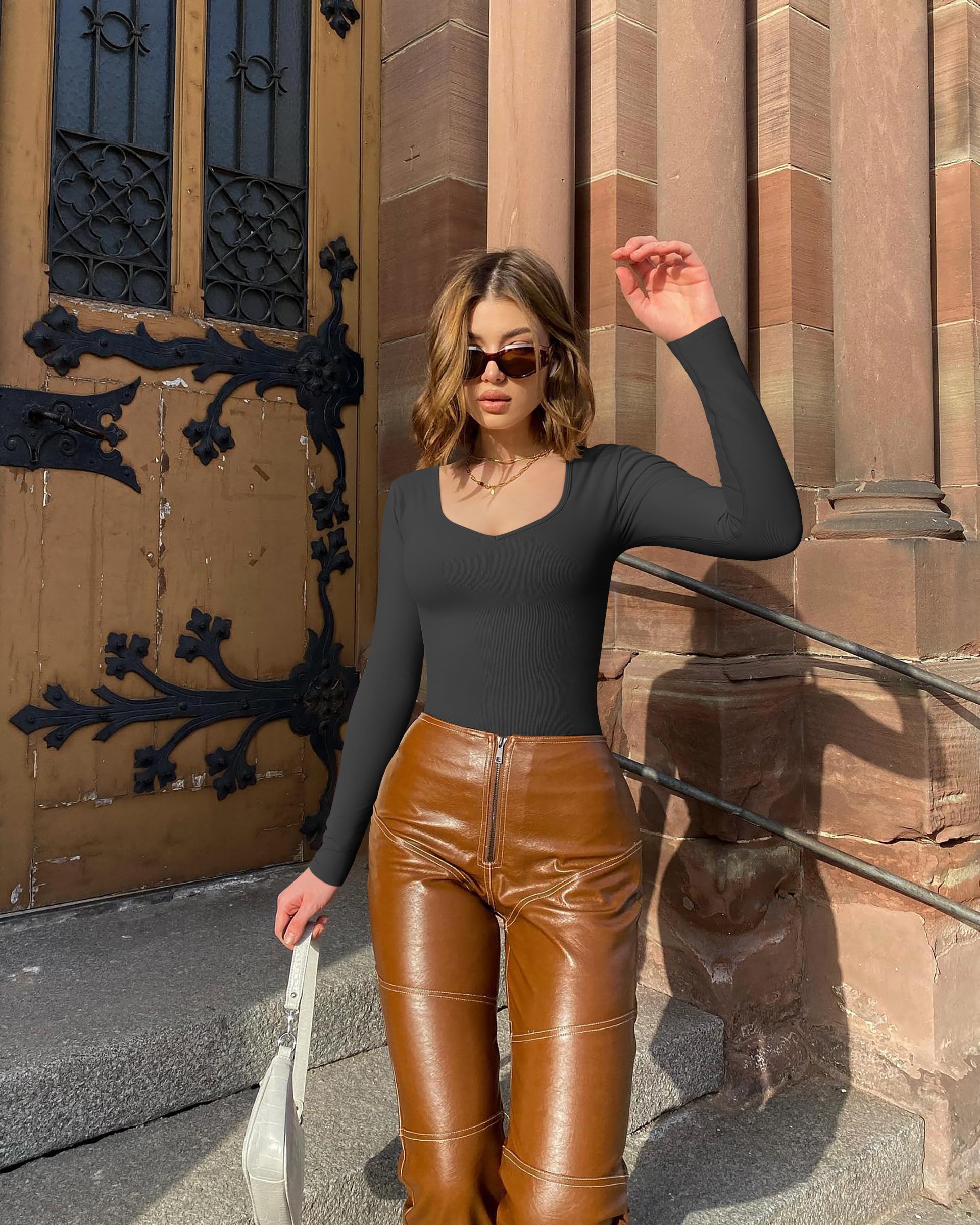 OQQ Women's 2 Piece Sexy Ribbed One Long Sleeve Sweetheart V Neck Top BodySuit, Black,coffee, Small
