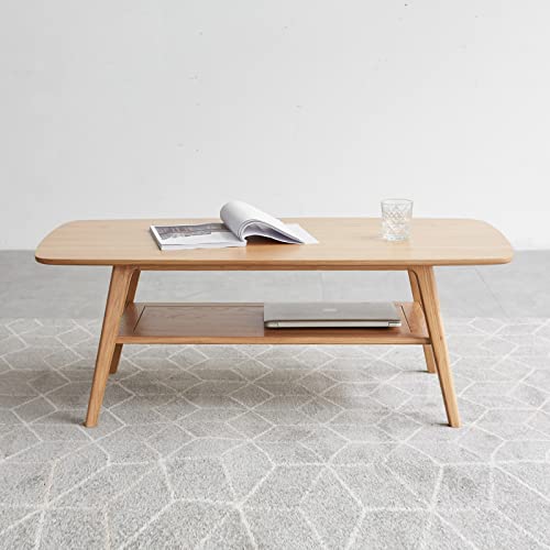 HomSof Center Table Low Table 100% Solid Wood Top Plate Desk Coffee Table,Natural Wood Writing Desk with Storage Shelf 31.5"x19.7"x17.3",Oak