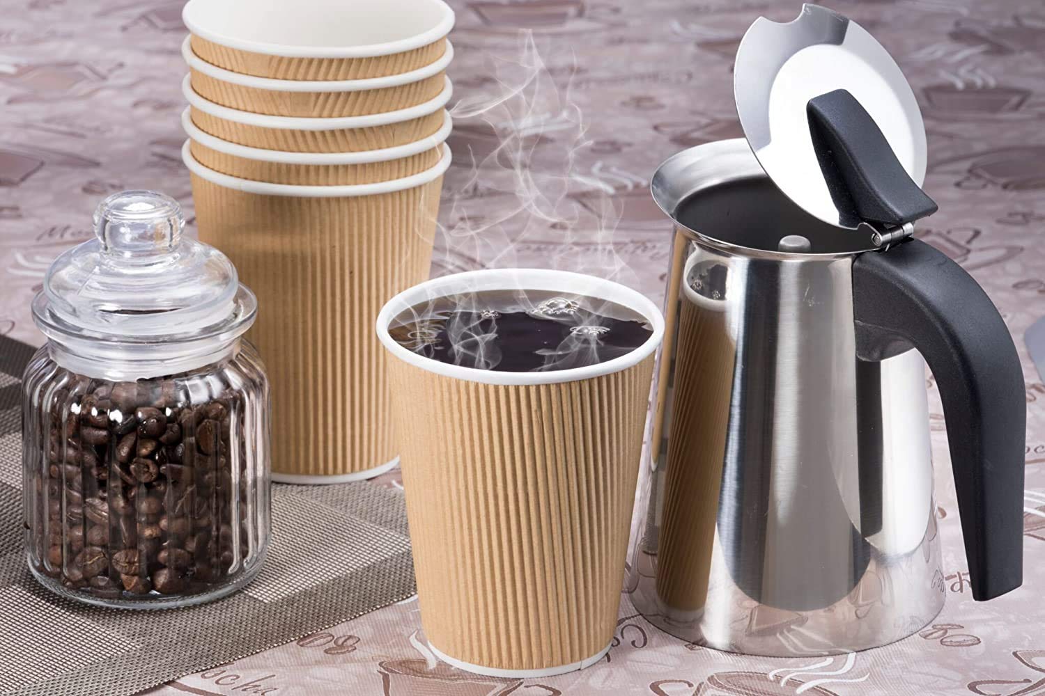 NYHI Set of 150 Brown Disposable Paper Cups with White Lids 6 oz Ripple Insulated Kraft for Hot Drinks Tea Coffee Triple Layer Design Recyclable Durable Paper