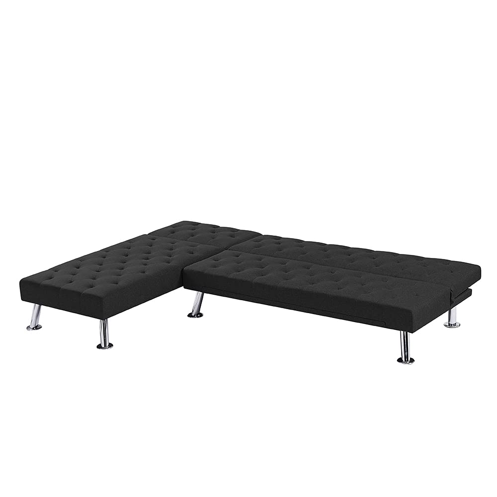 Modern Fabric Futon Sofa Bed with Convertible Single & Double Seat Futon Beds,L-Shaped Reversible Sectional Couch Sofa Bed with Metal Legs for Home/Living Room/Apartment/Dorm (Black + Fabric)