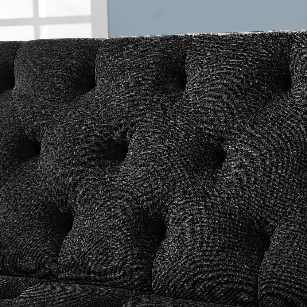 Modern Fabric Futon Sofa Bed with Convertible Single & Double Seat Futon Beds,L-Shaped Reversible Sectional Couch Sofa Bed with Metal Legs for Home/Living Room/Apartment/Dorm (Black + Fabric)